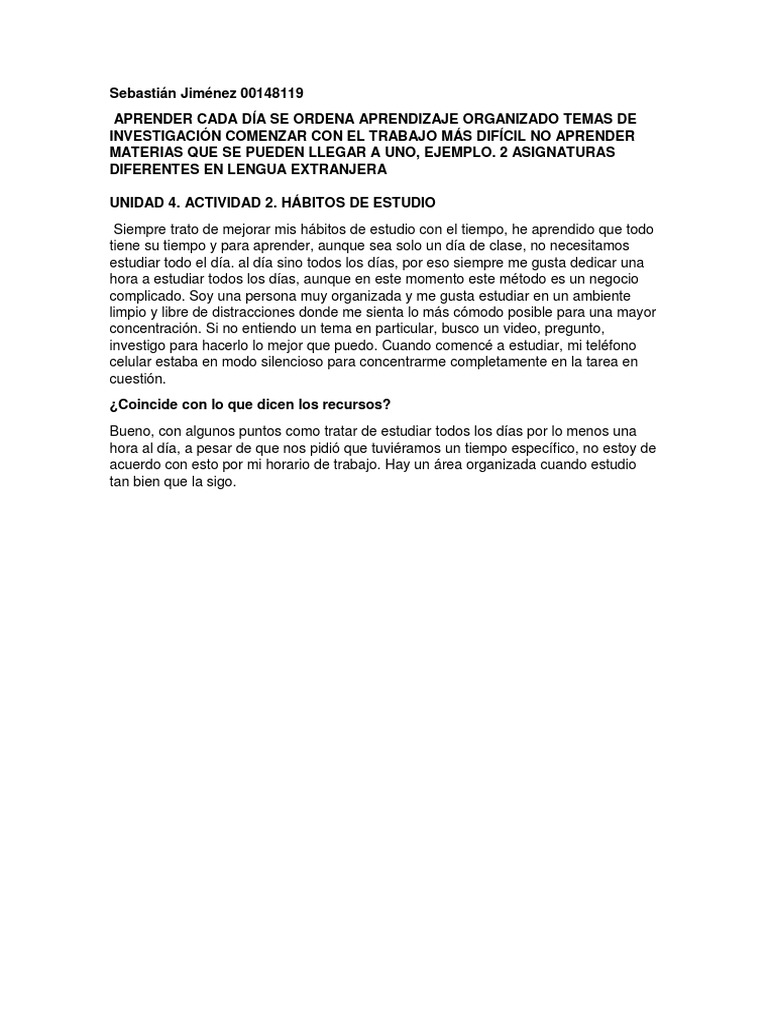 Sebastián Jiménez Unidad 4. Actividad 2. LOS Hábitos de Estudio | PDF Sebastián Jiménez Unidad 4. Actividad 2. LOS Hábitos de Estudio | PDF
