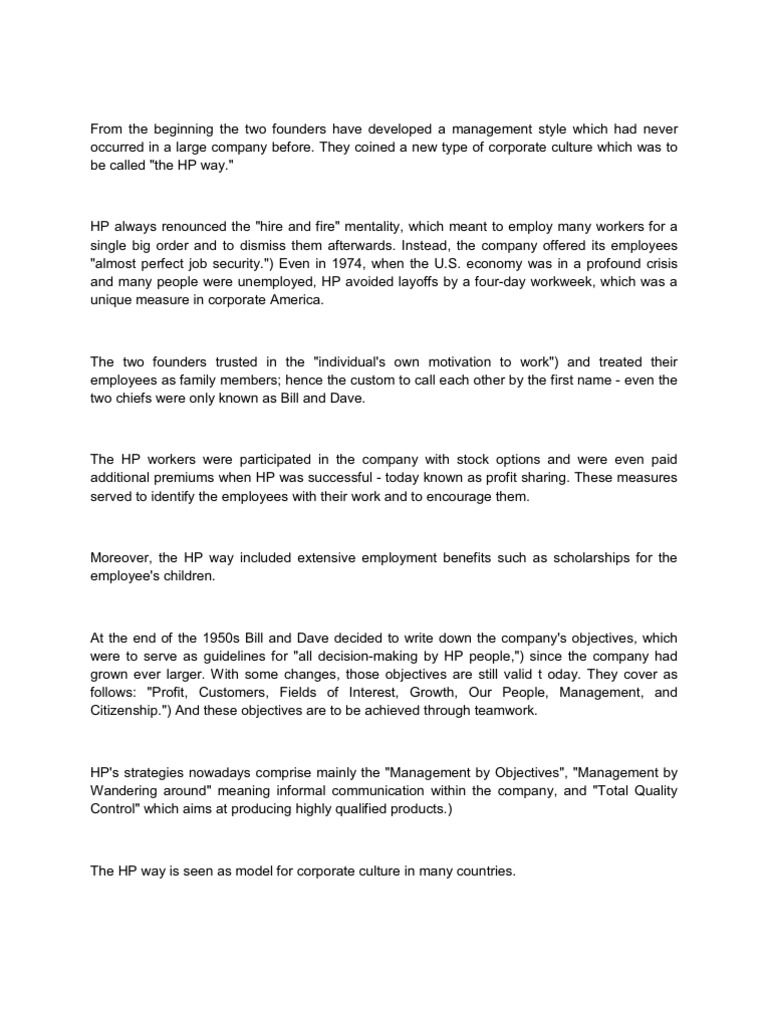 The HP Way: Founders' Values Shaped Unique Corporate Culture | PDF ...