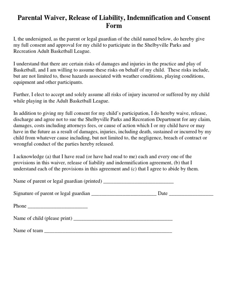 Parental Waiver for Adult volleyball | PDF