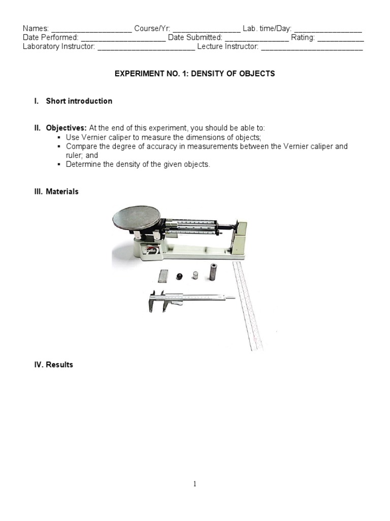 Experiment 1 - Density of Objects | PDF | Density | Quantity