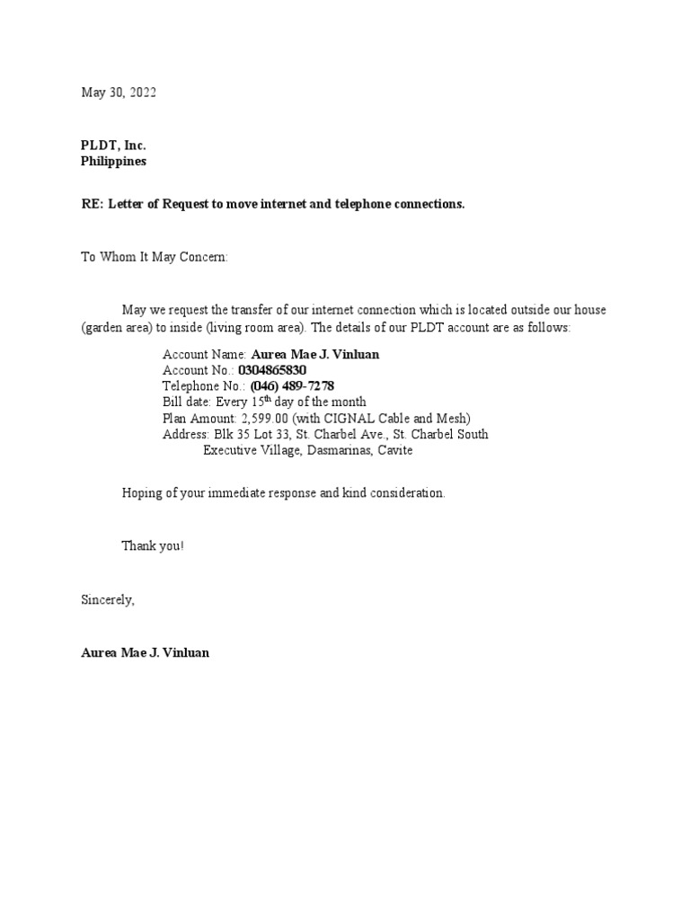 PLDT Letter Request - Mae | PDF