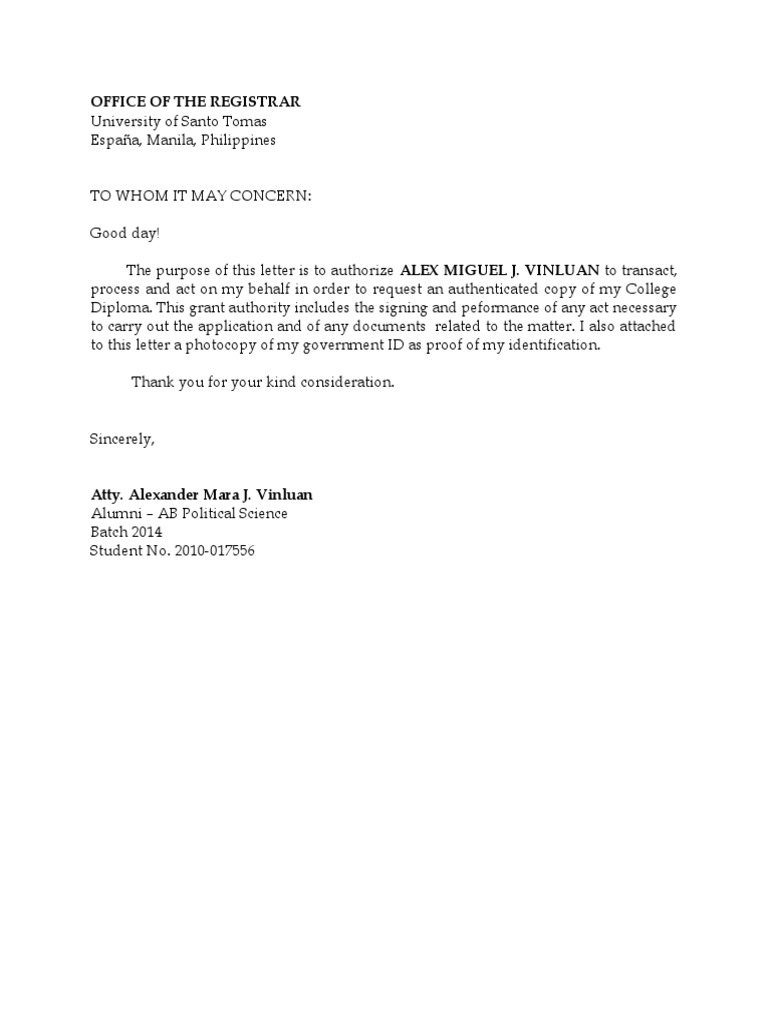 Authorization Letter Registrar UST | PDF | Politics | Social Science