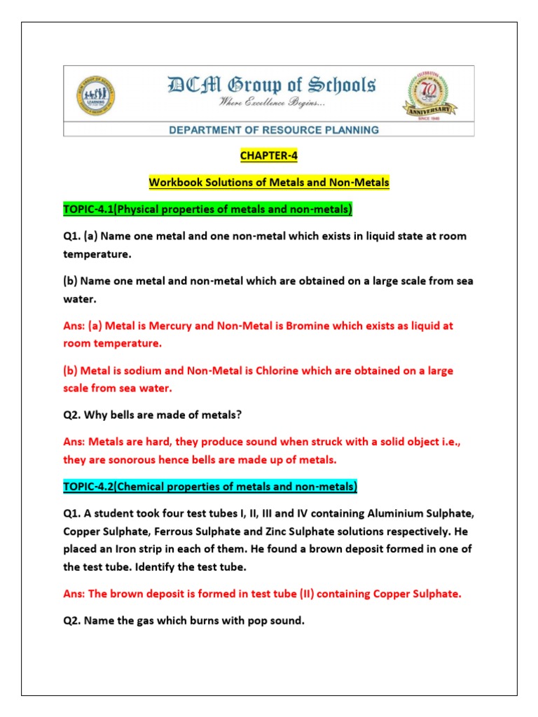 Ch-4 Metals and Non- Metals workbook | PDF | Oxide | Metals