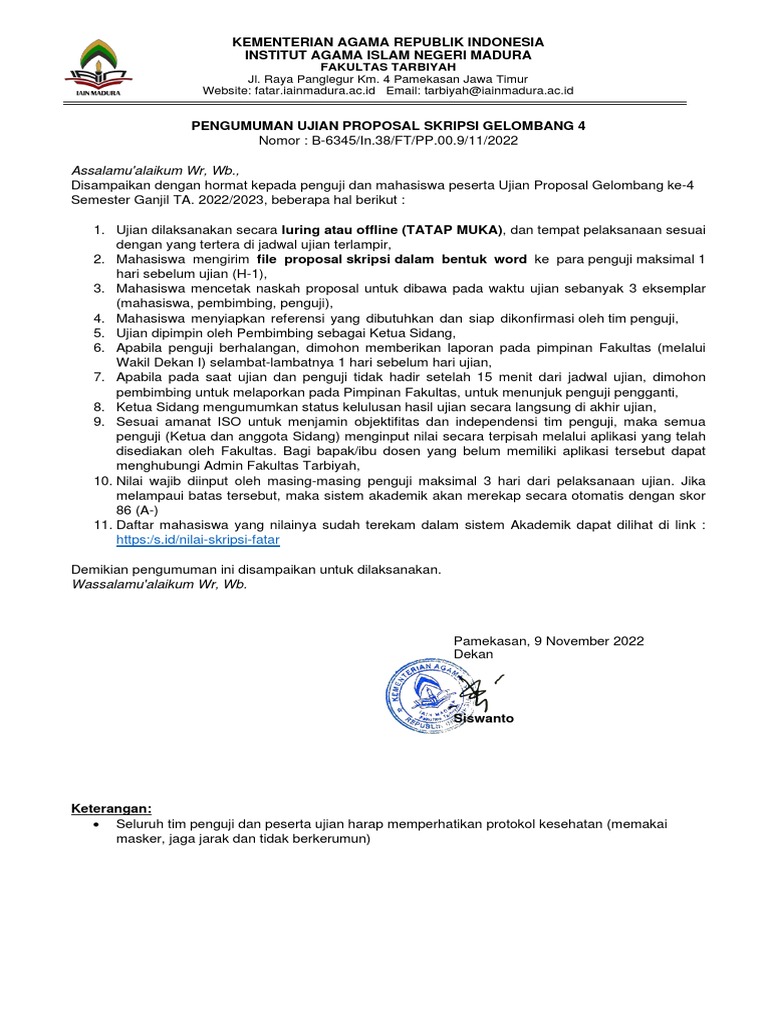 Pengumuman Ujian Proposal Skripsi Fatar | PDF
