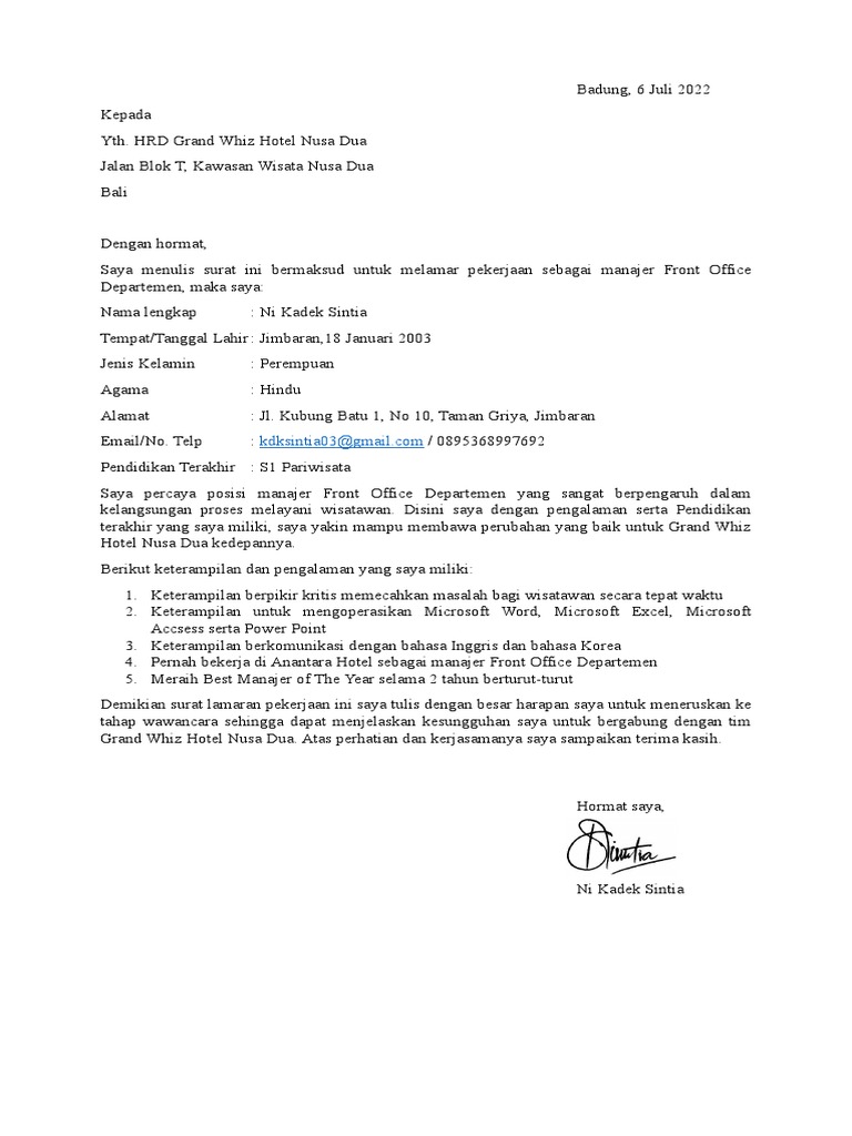 Surat Lamaran Manajer Front Office | PDF | Karier & Perkembangan | Bisnis