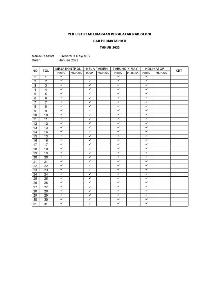 Form Cek List Pemeliharaan Alat Radiologi | PDF