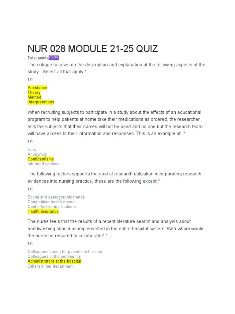 NUR 028 MODULE 21 Quiz | PDF | Nursing | Evidence Based Medicine