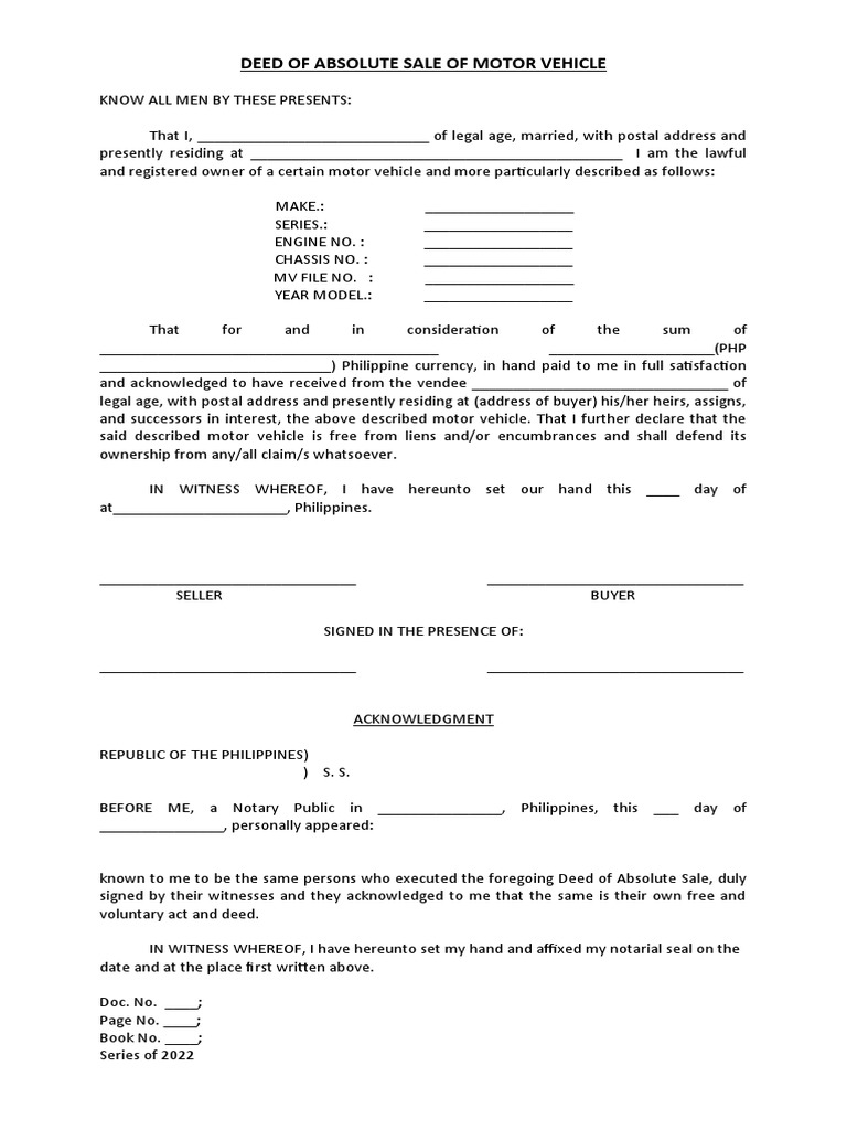 DEED OF SALE OF MOTOR VEHICLE - Template | PDF | Civil Law (Legal ...