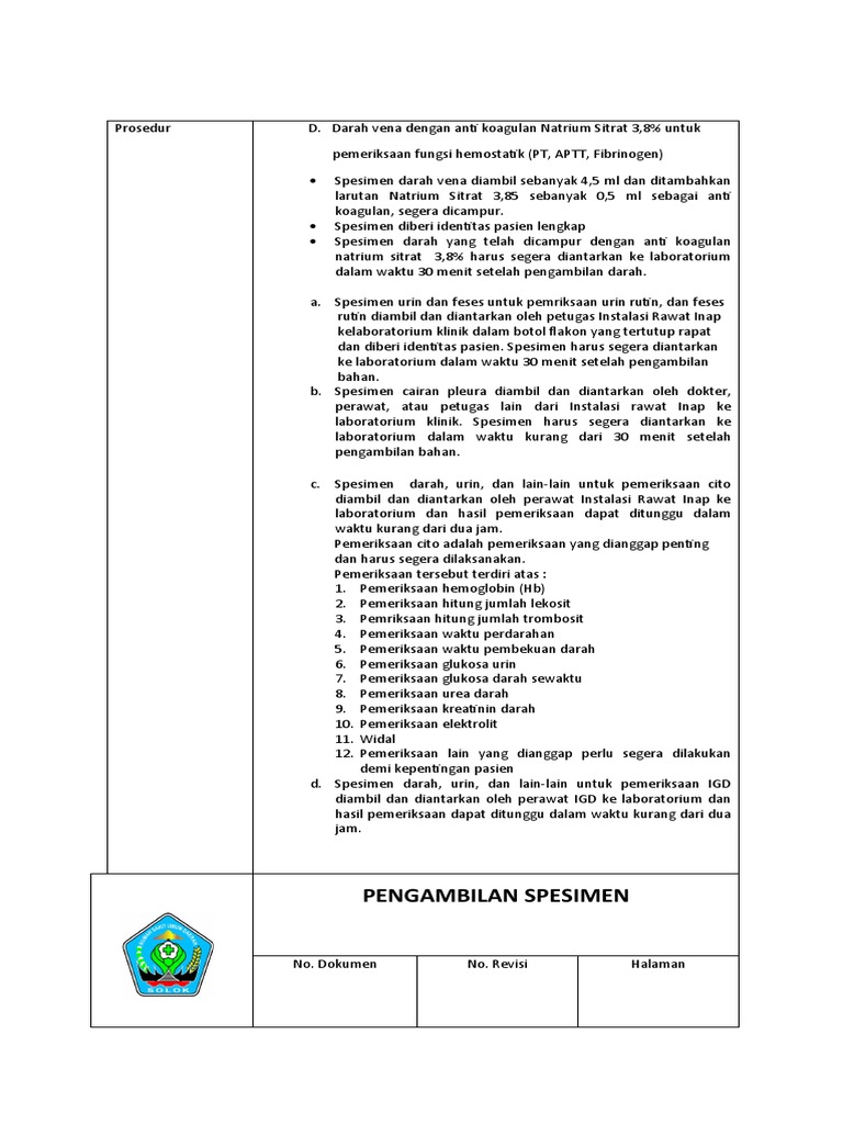 SPO PENANGANAN Dan Pengamblan SPESIMEN | PDF