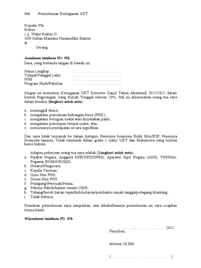 Formulir Keringanan UKT | PDF