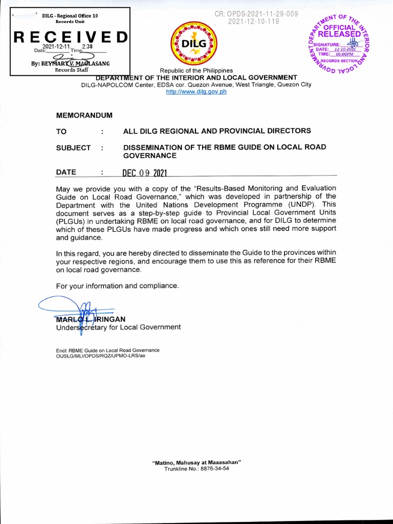 2021-12-10-119MemoOUSLGDissemeination of The RBME Guide On Local Road ...