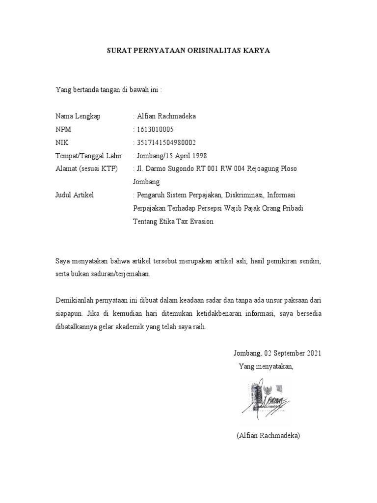 Surat Pernyataan Orisinalitas Karya | PDF