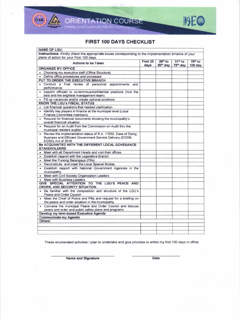 First 100 Days Checklist | PDF | Accountability | Governance