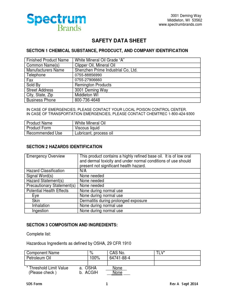 White Mineral Oil Grade A SDS | Download Free PDF | Water | Firefighting