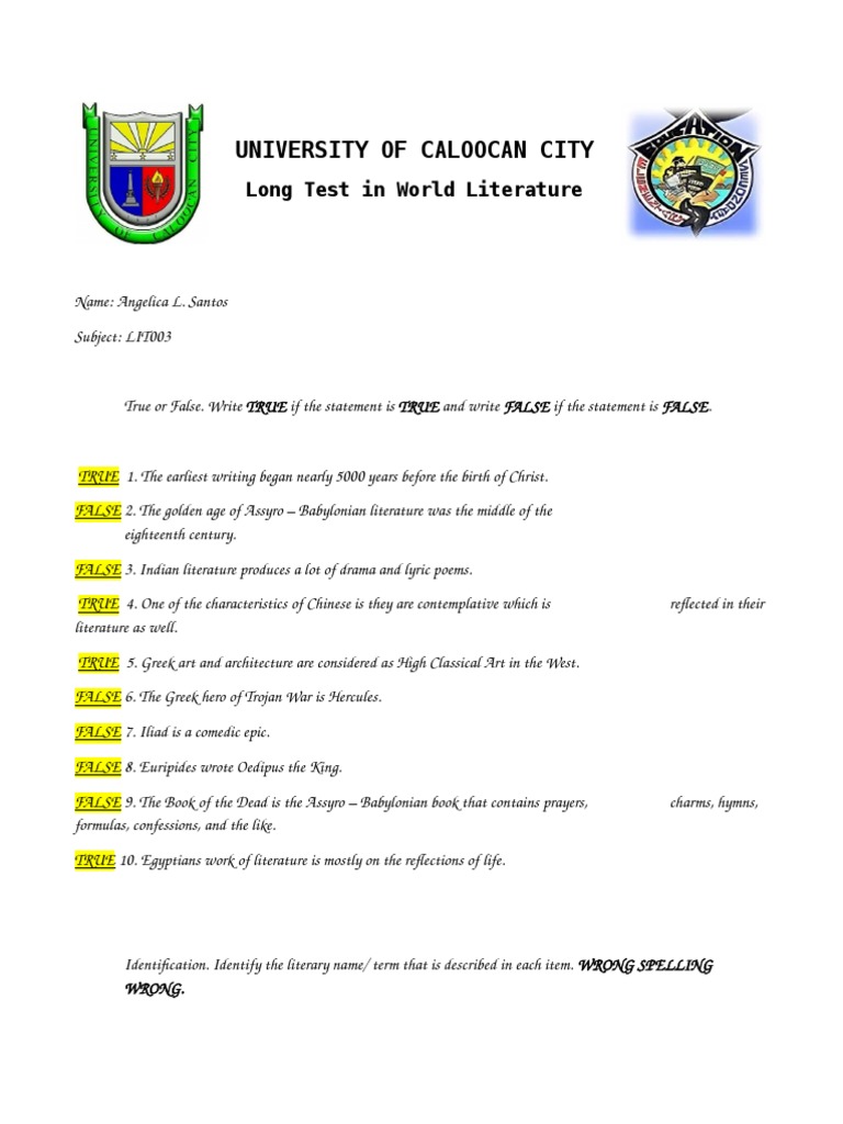 World Literature Long Test Midterm Exam and Final Exam | PDF | Greek ...