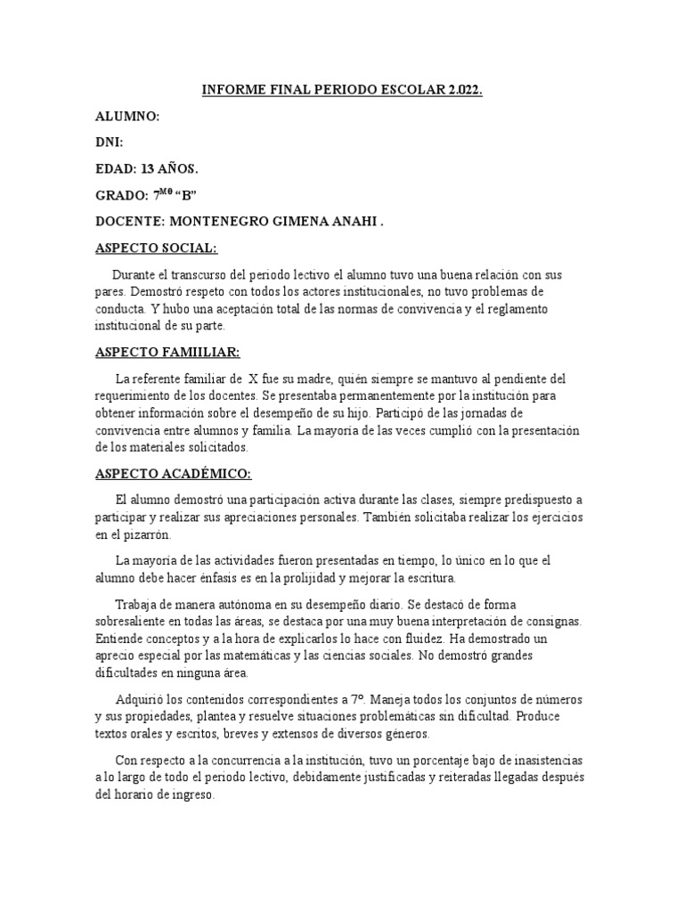 Modelos de Informe Final PROFESORA DE ED. PRIMARIA GIMENA MONTENEGRO | PDF | Institución