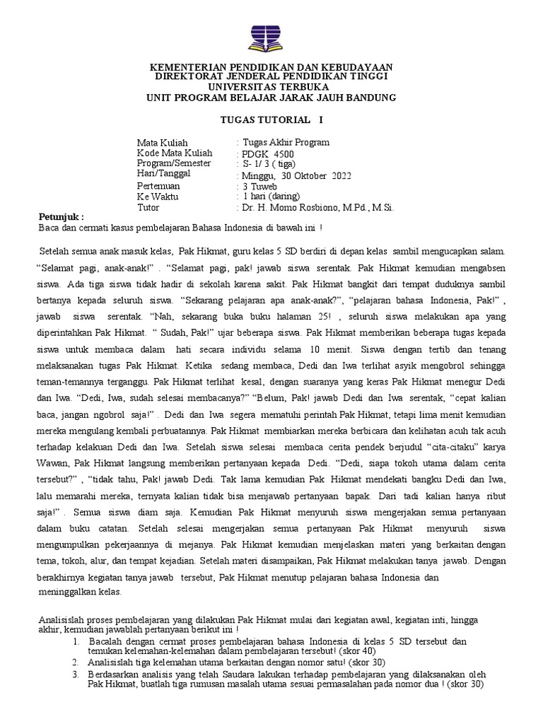 Tugas Tutorial - 1 - PDGK4500 - Tap - 2022 - 2 | PDF | Seni & Disiplin Bahasa