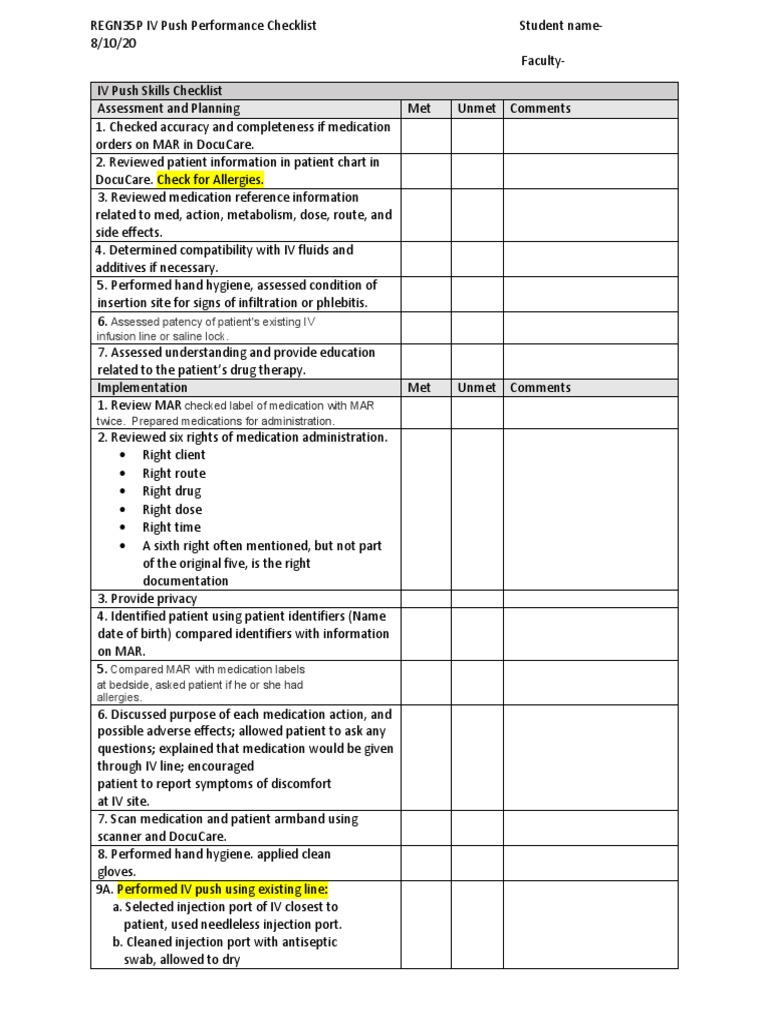 IV Push Checklist | PDF | Intravenous Therapy | Syringe