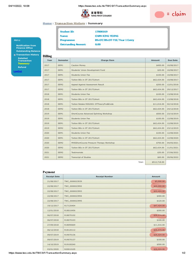 Transaction History | Download Free PDF | Fee | Tuition Payments