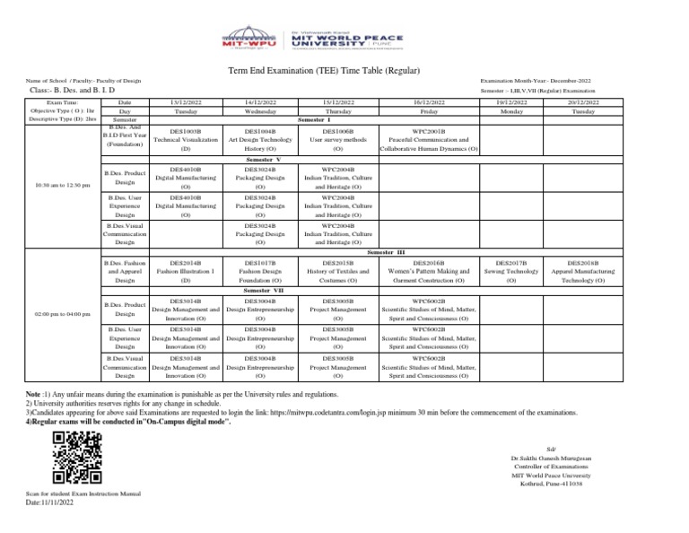 Faculty of Design Regular Time Table Dec 22 | PDF | Academic Term