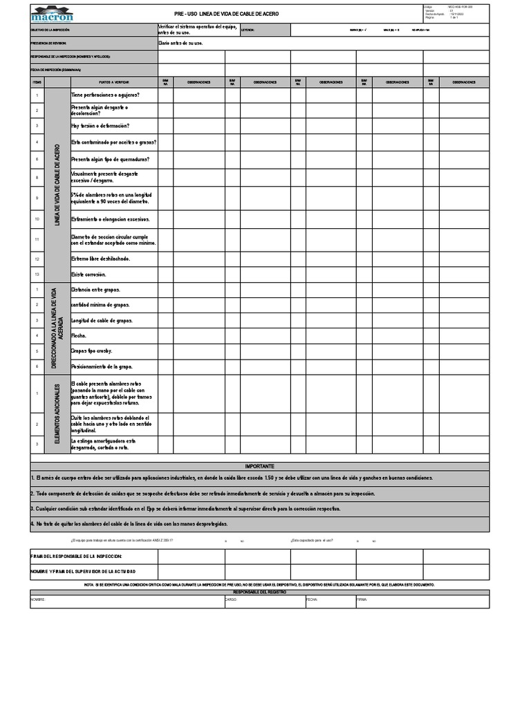 Check List Linea de Vida (v01) | PDF