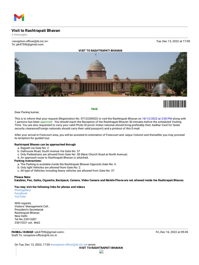 Gmail - Visit To Rashtrapati Bhavan | PDF