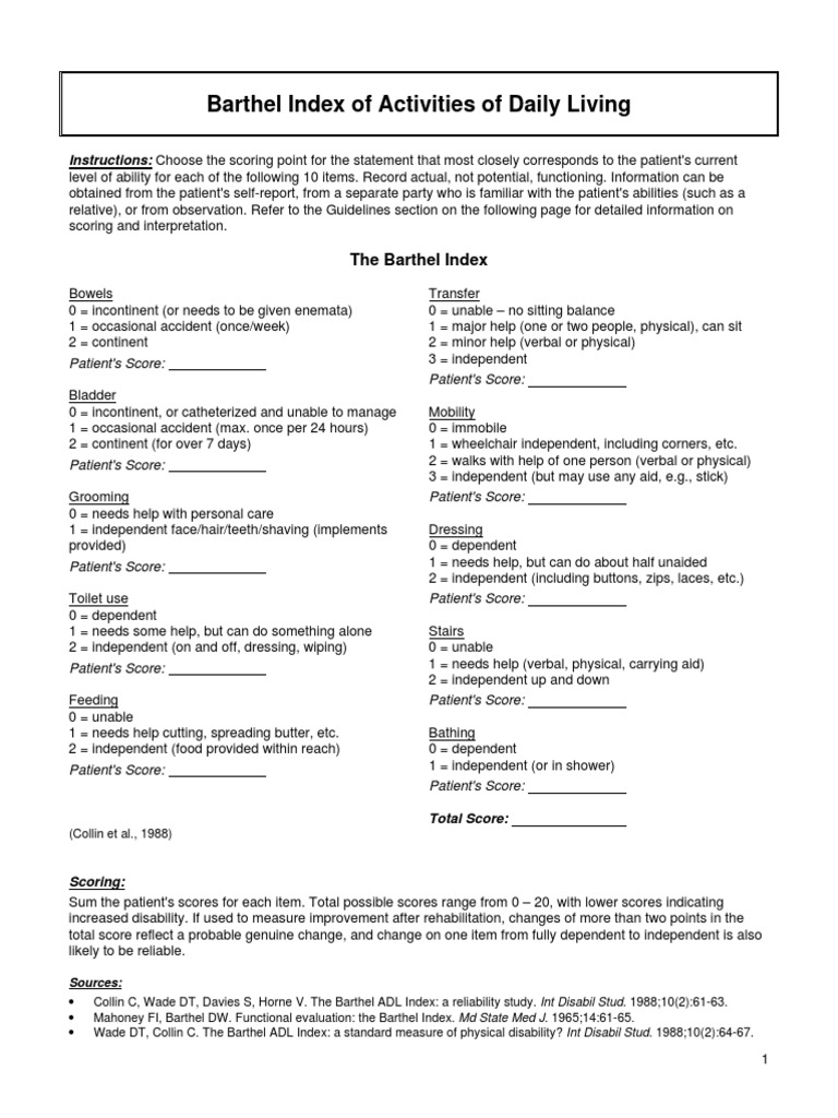 Barthel Index for Daily Living Assessment | PDF | Medical Specialties ...
