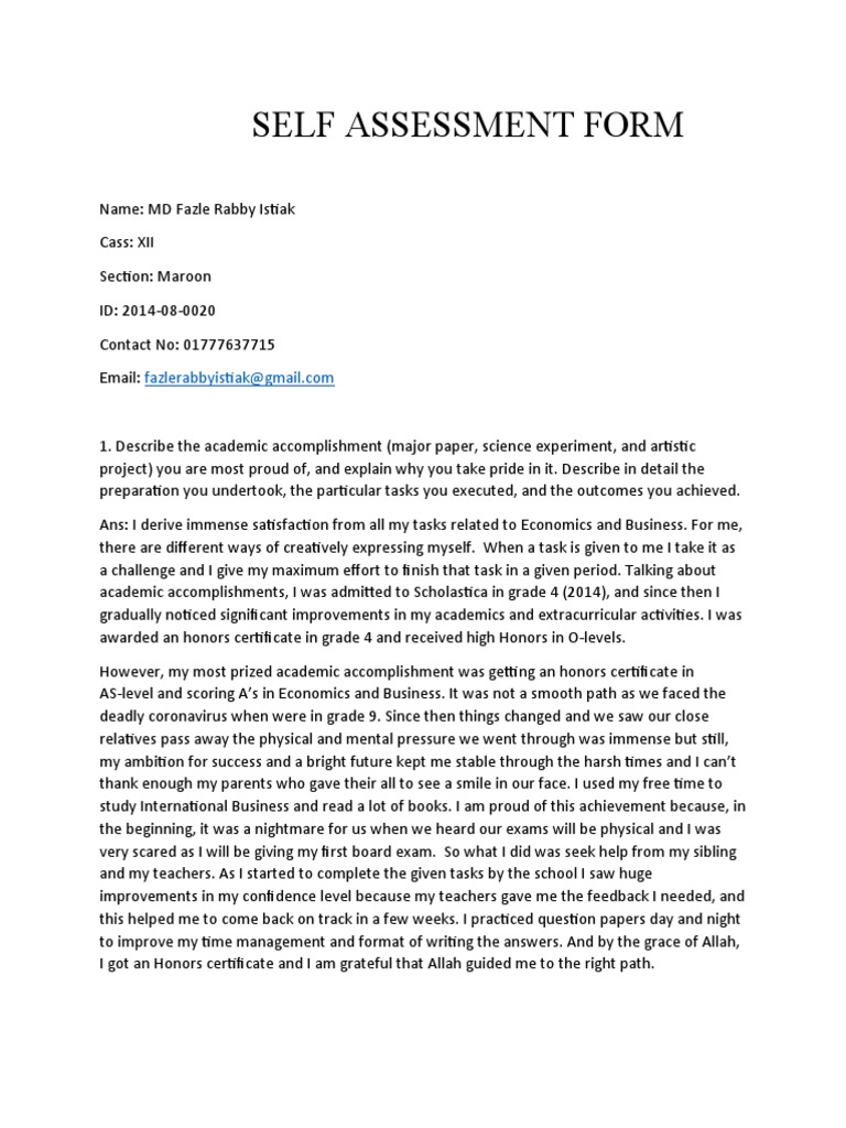 Self Assessment Form | PDF | Learning | Teachers