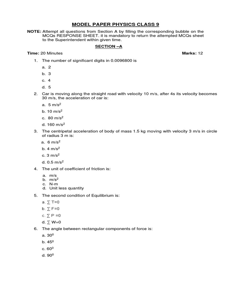 Model Paper Physics 9 | PDF | Heat | Heat Transfer