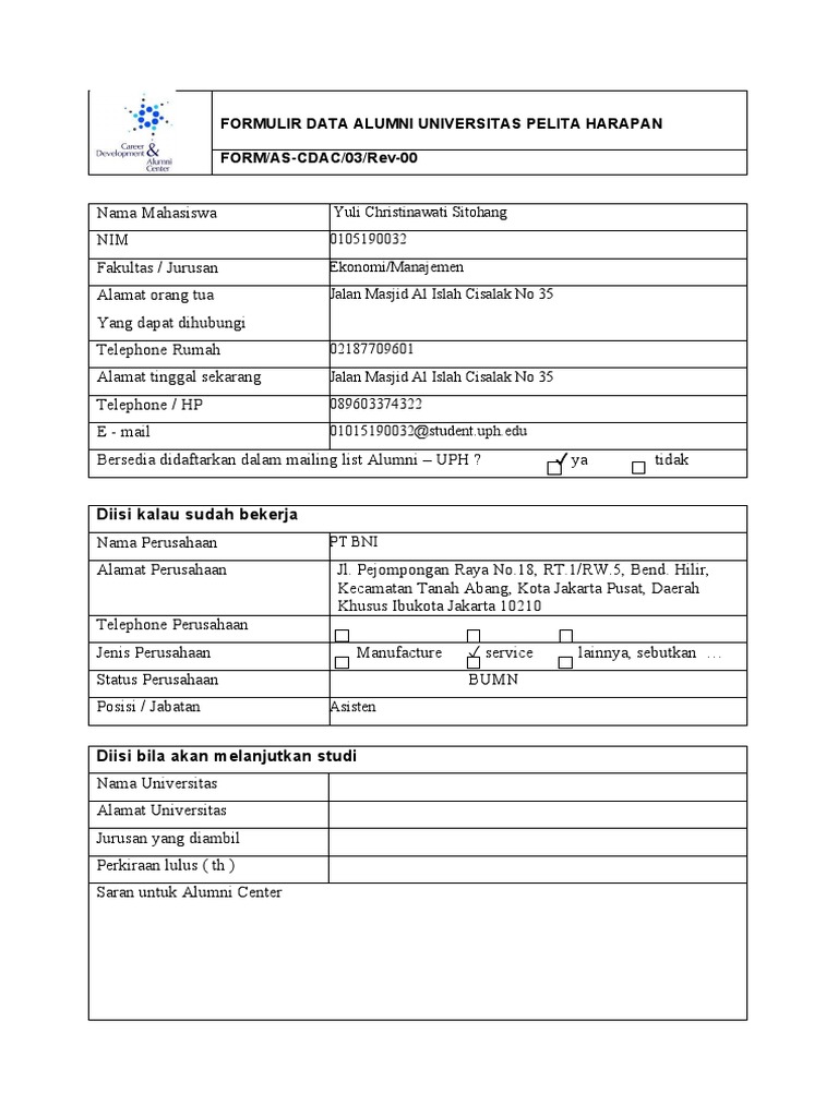 Formulir Data Alumni UPH Wisudawan | PDF