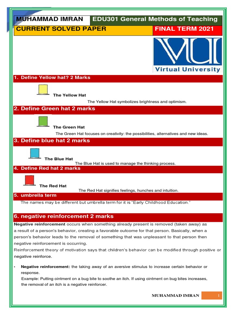 EDU301 General Methods of Teaching (Current Solved Paper Final Term ...