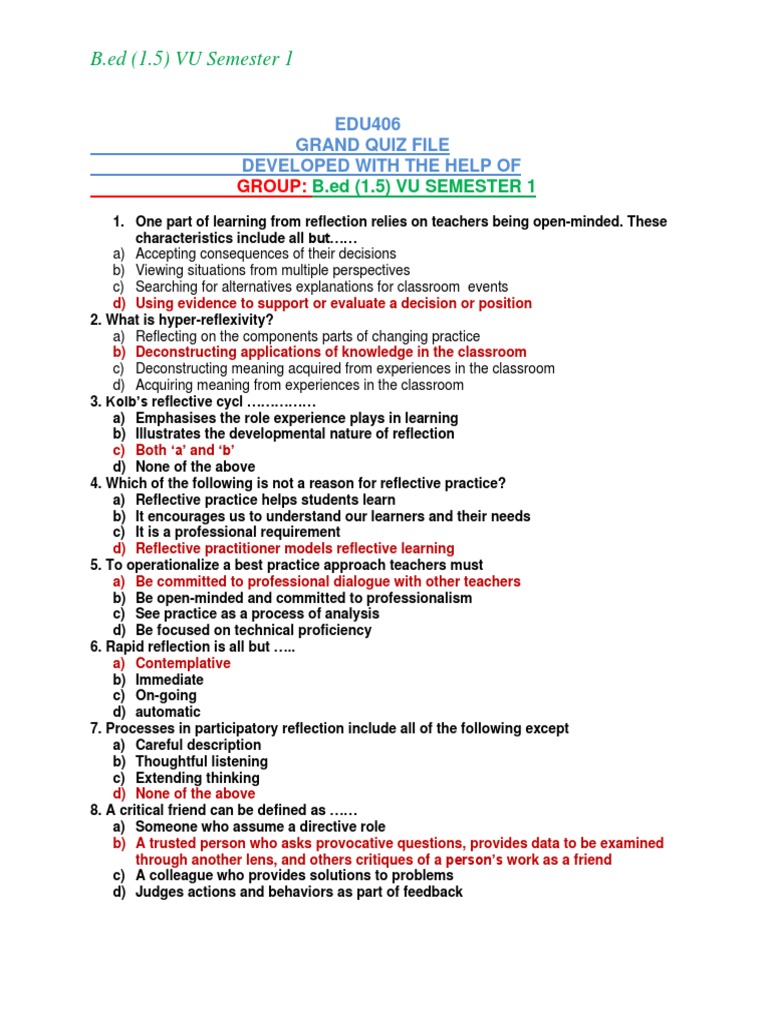 EDU406 Grand Quiz | PDF | Reflective Practice | Teaching Method