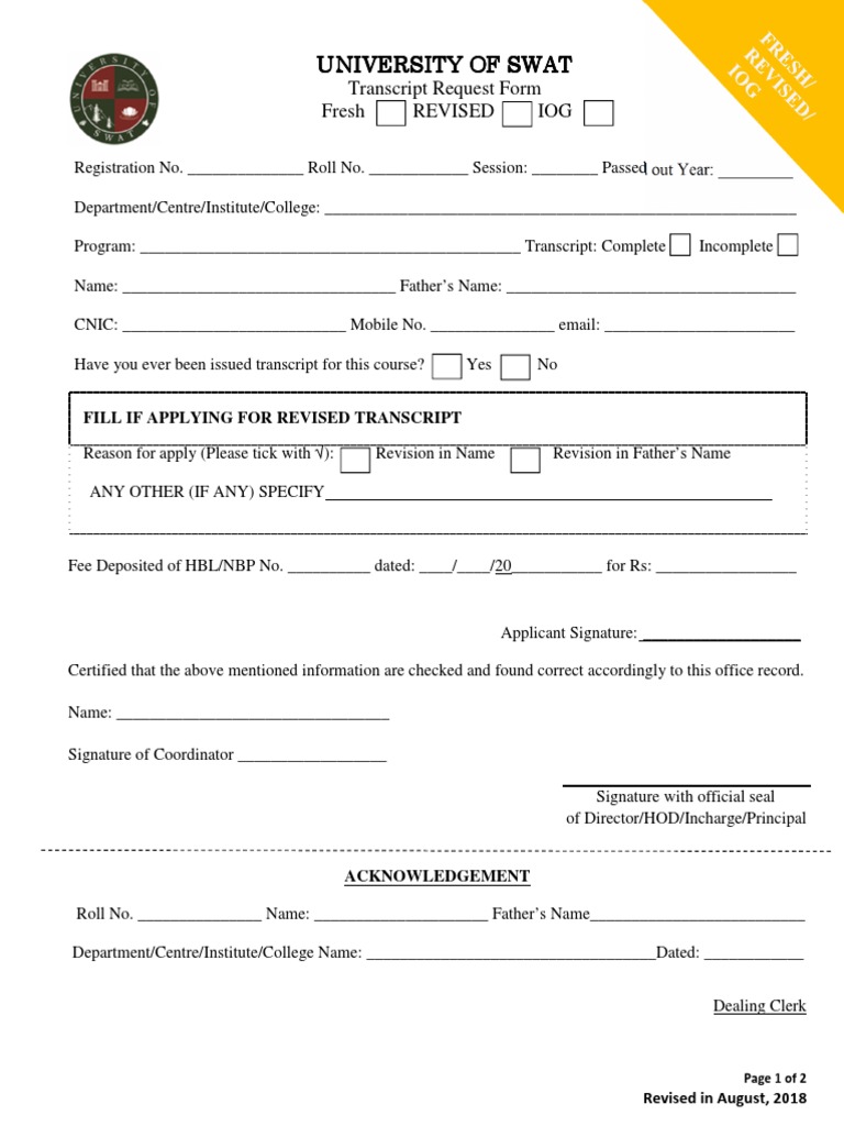 167-University of Swat-Frsh-Rev-IOG-Transcript-Form | PDF | Government ...