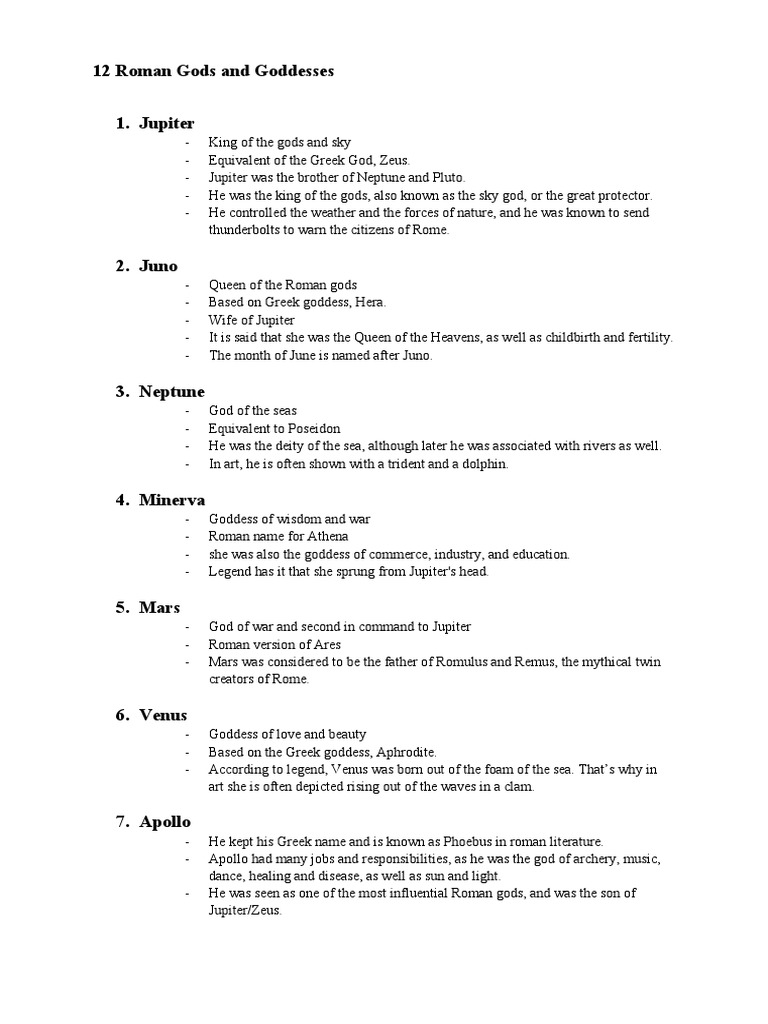 12 Roman Gods and Goddesses | PDF | Deities | Roman Mythology