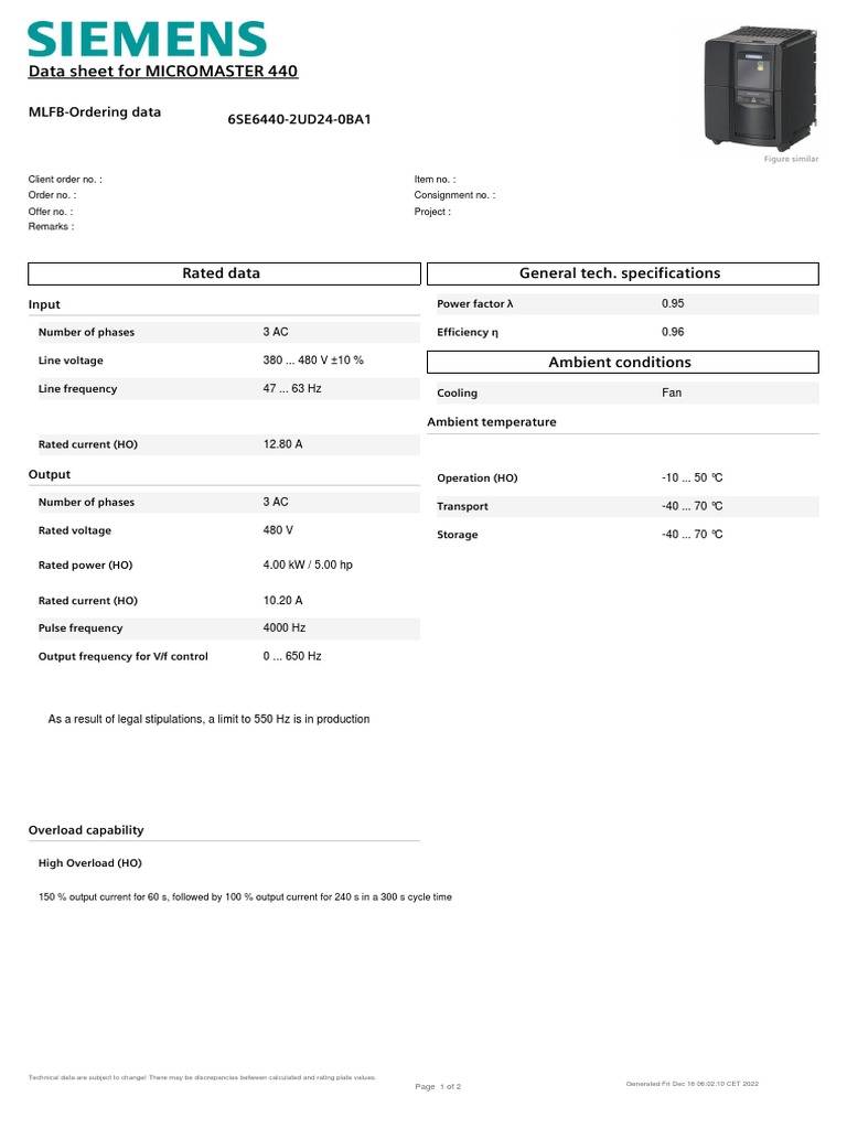 MICROMASTER 440 Data Sheet Overview | PDF | Alternating Current ...