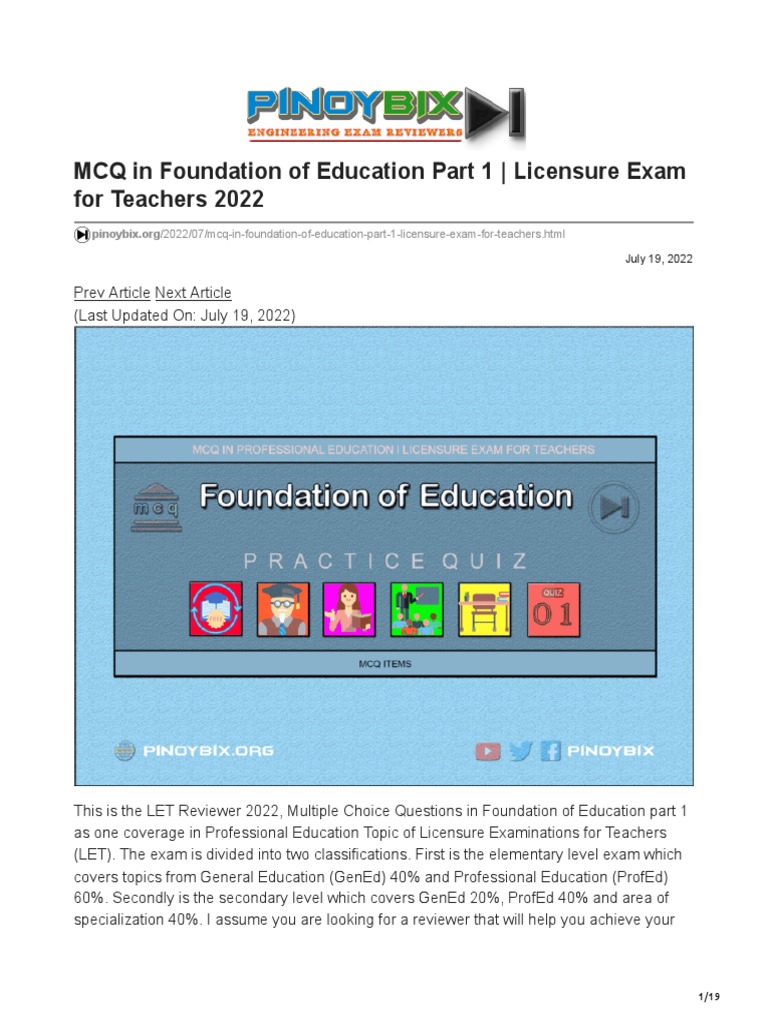 MCQ in Foundation of Education Part 1 Licensure Exam For Teachers 2022 | PDF | Teaching Method ...