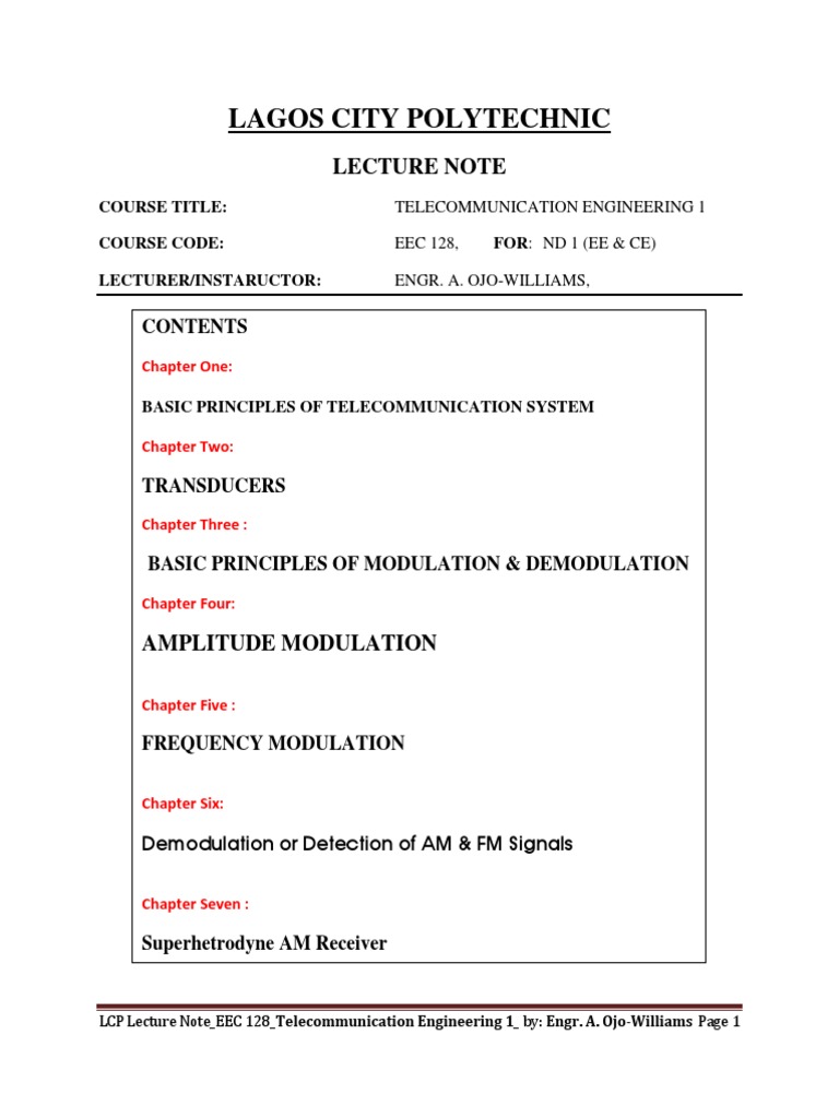 Telecommunication Engineering 1 Lecture Note EEC128 | PDF | Loudspeaker | Microphone