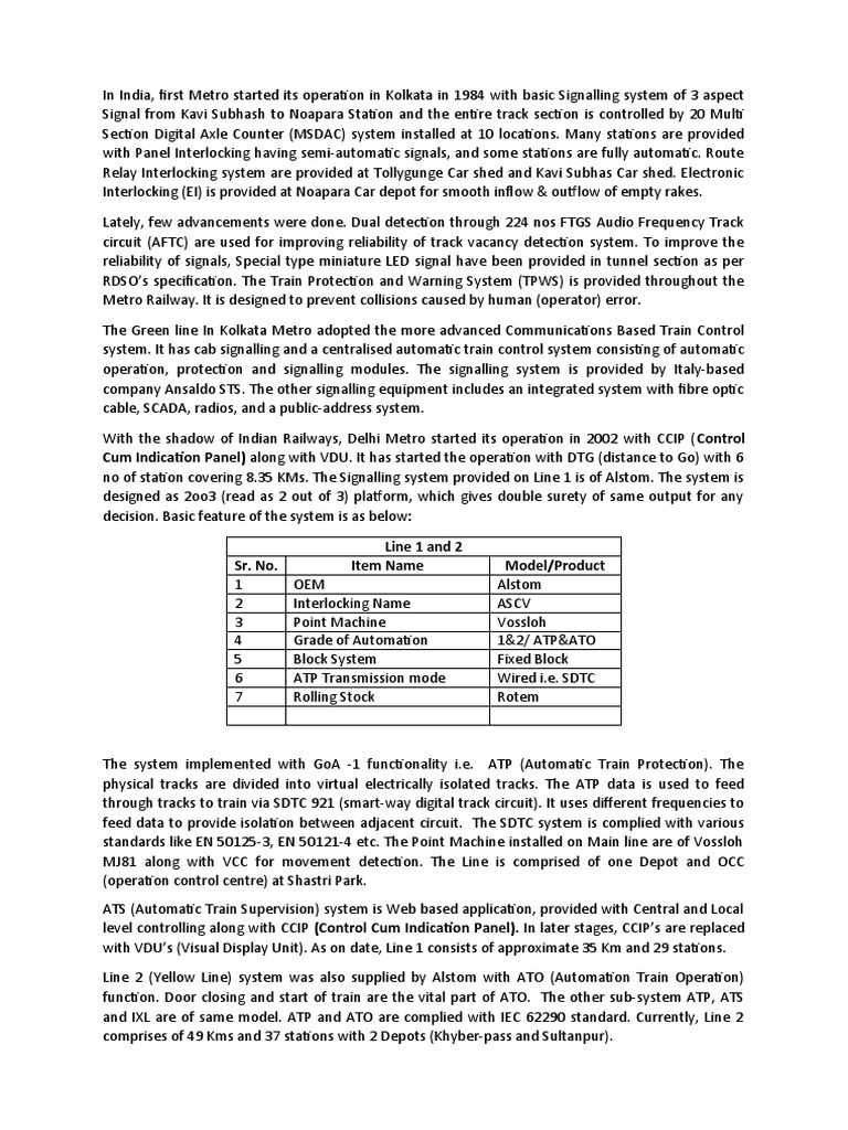 Kolkata & Delhi Metro Signalling Systems | PDF | Railway Safety | Rail ...