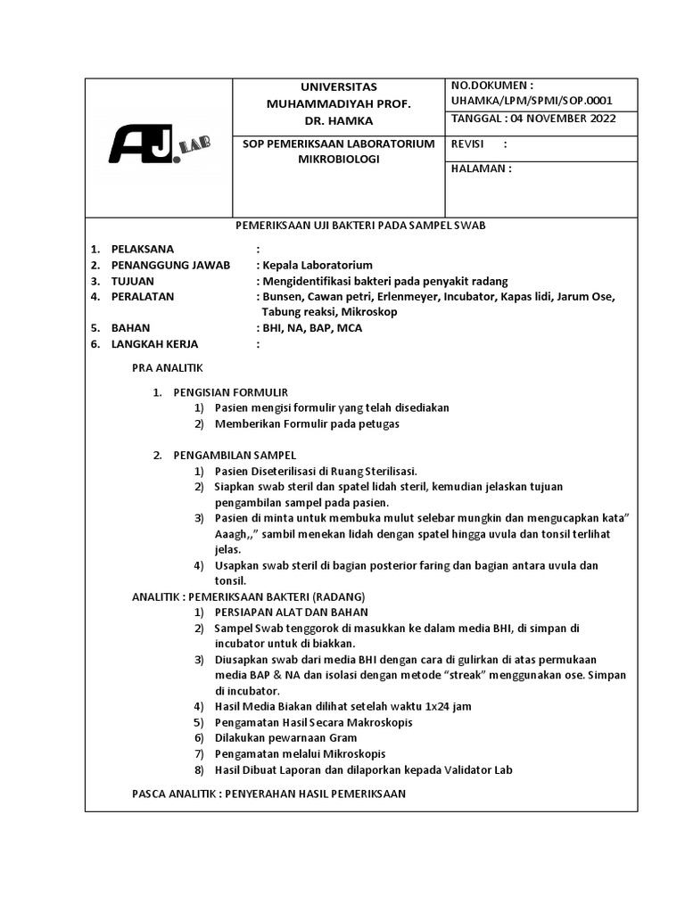 SOP Pemeriksaan Bakteriologi Kelompok 1 | PDF | Sains & Matematika