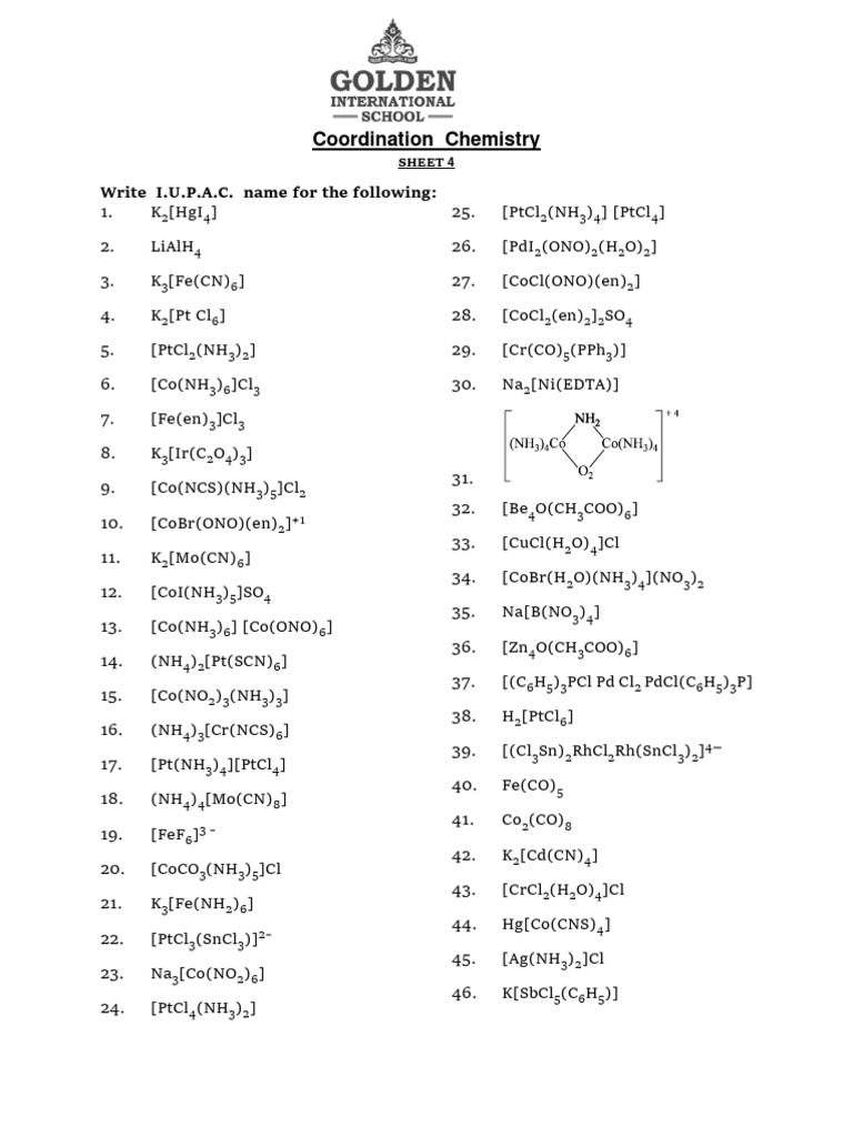 Coordination Chemistry Sheet 4 IUPAC | PDF | Transition Metals | Inorganic Chemistry