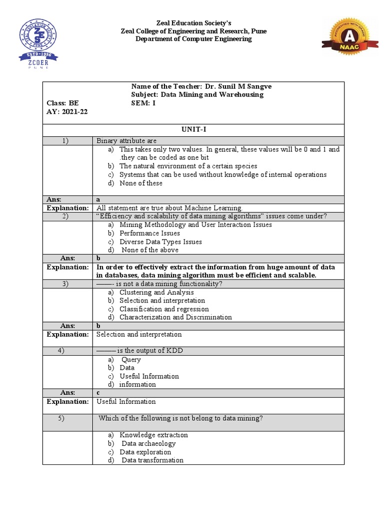 DMW - Unit - 1 MCQS | PDF | Data Mining | Data
