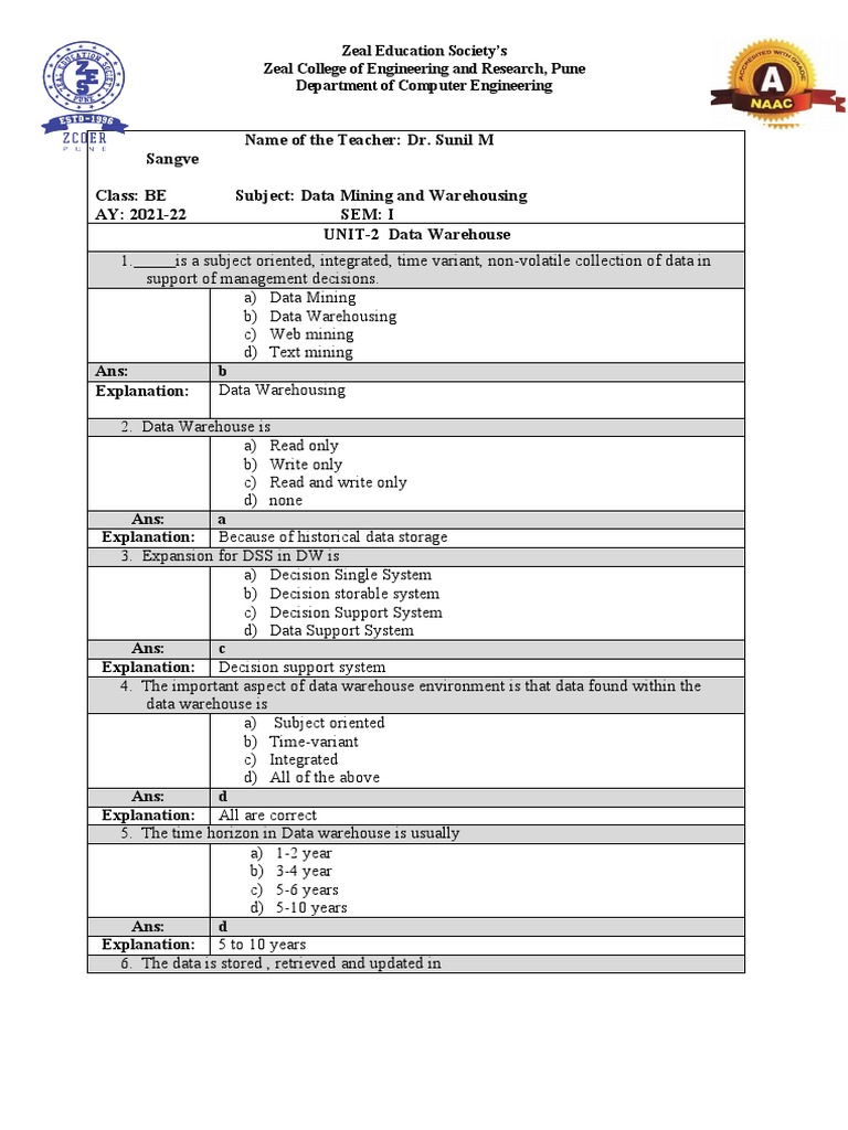 DMW - Unit - 2 MCQS | PDF | Data Warehouse | Metadata