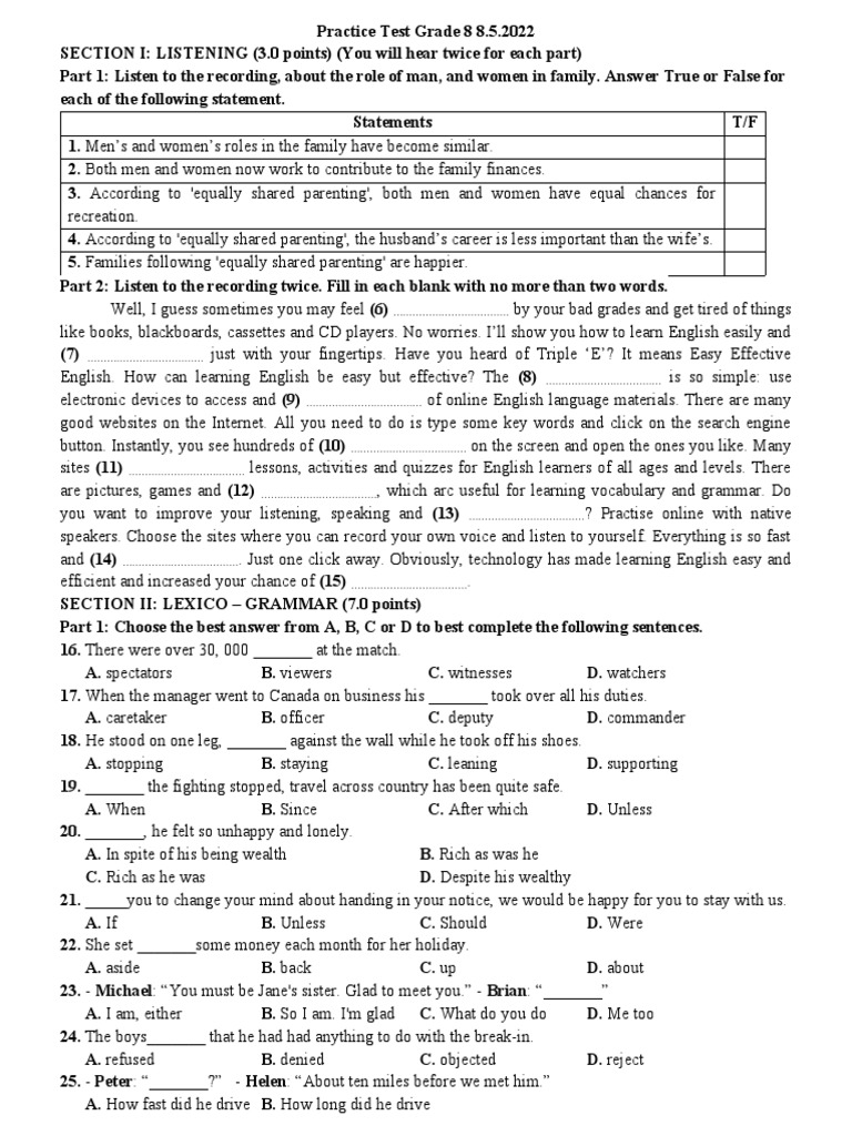 Practice Test Grade 8 8.5.2022 | PDF | Water Vapor | Water
