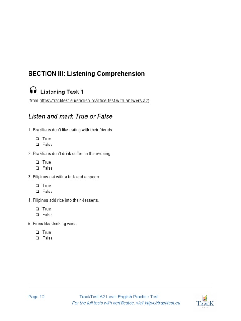 A2 English Test Listening | PDF | Foods | Food And Drink