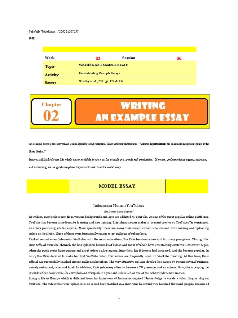 Salsabila Wandhana - B1 - Week 03 Session 06 Writing An Example Essay | PDF | You Tube