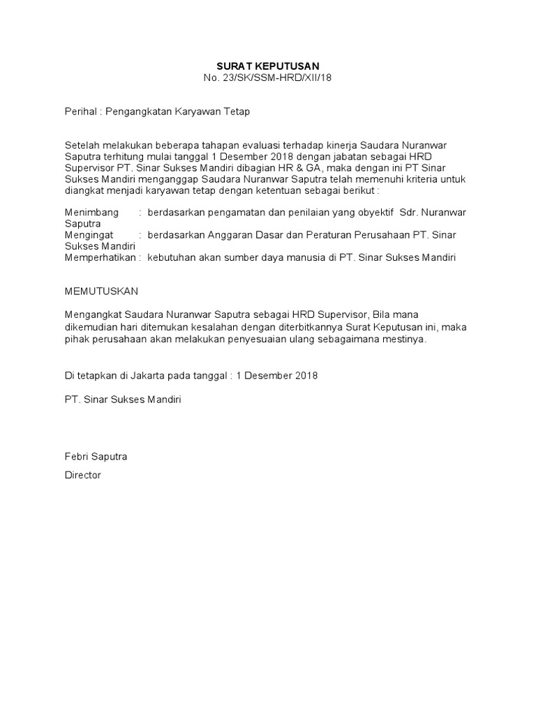 Contoh Surat Keputusan Karyawan Tetap | PDF