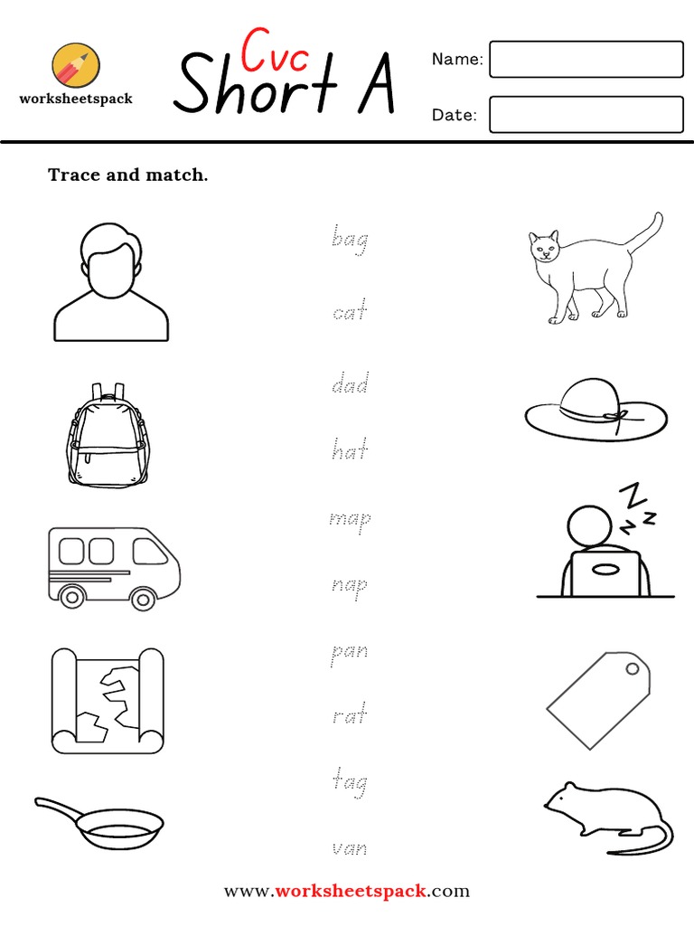 CVC Words Tracing and Matching Worksheets Pack | PDF