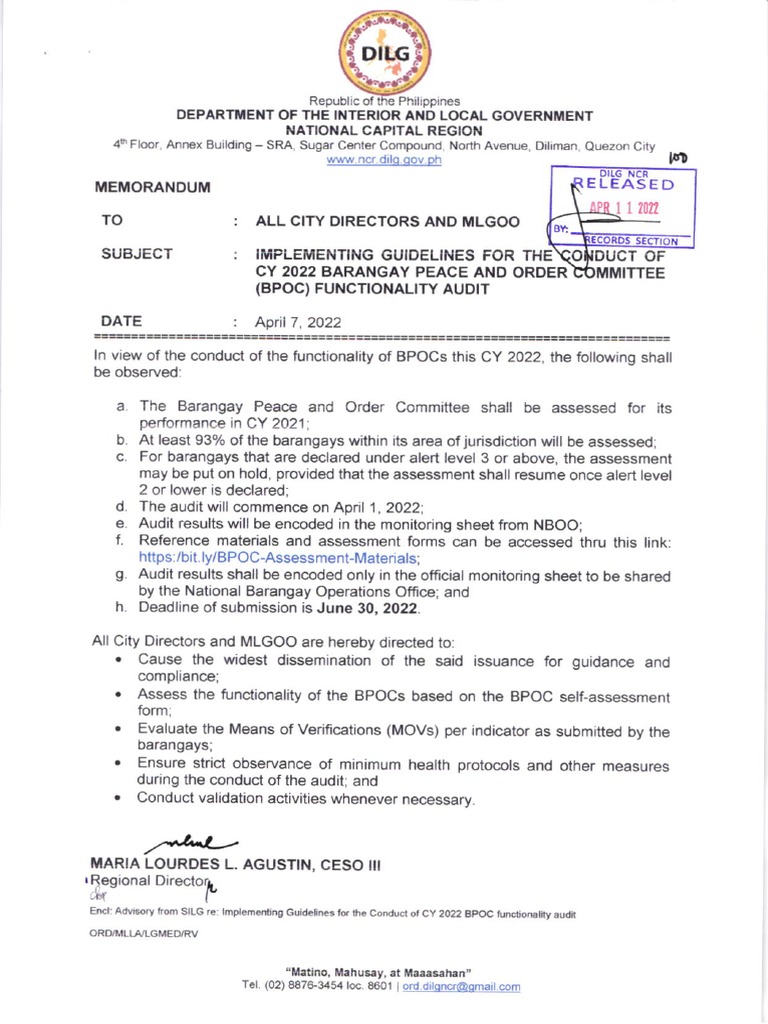 Memorandum - Implementing Guidelines For The Conduct of FY 2022 BPOC ...