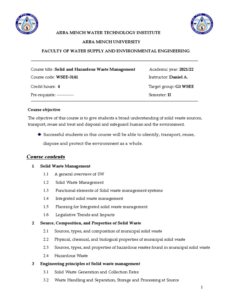 Course Contents: Arba Minch University Faculty of Water Supply and ...