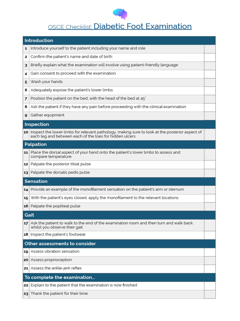 OSCE Checklist Diabetic Foot Examination | PDF